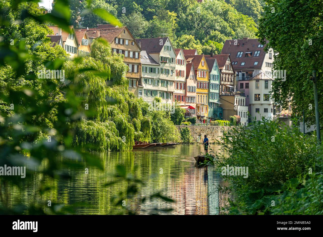 Traditional punt boat (Stocherkahn) on the Neckar River in front of the ...