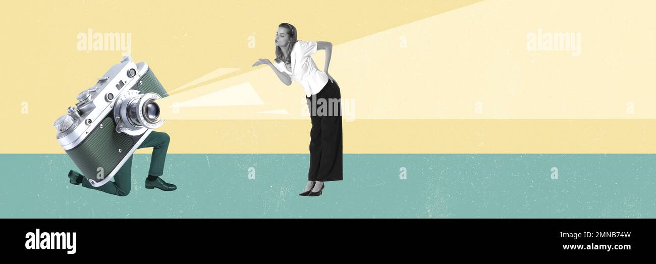 Contemporary art collage. Creative design. Vintage camera on male legs ...