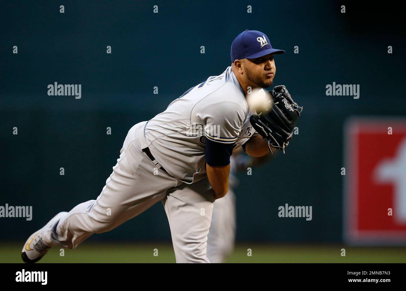 Milwaukee Brewers starting pitcher Jhoulys Chacin warms up during the ...