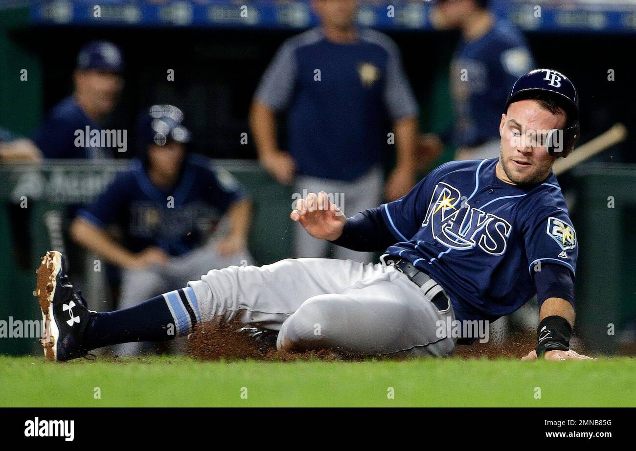 Tampa Bay Rays' Johnny Field slides home to score on a single by Joey ...
