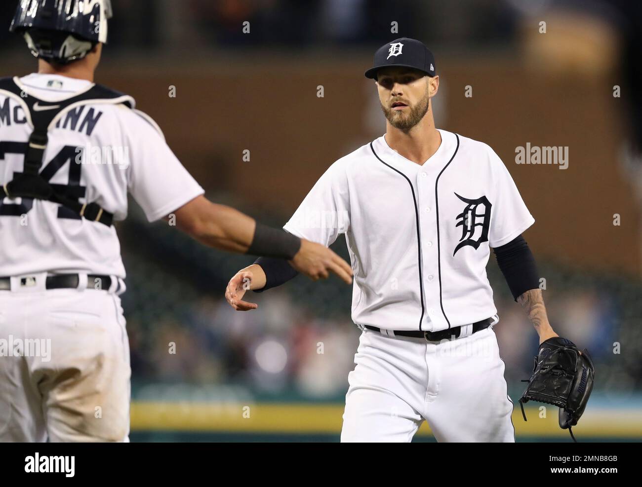 Detroit Tigers relief pitcher Shane Greene shakes hands with catcher ...