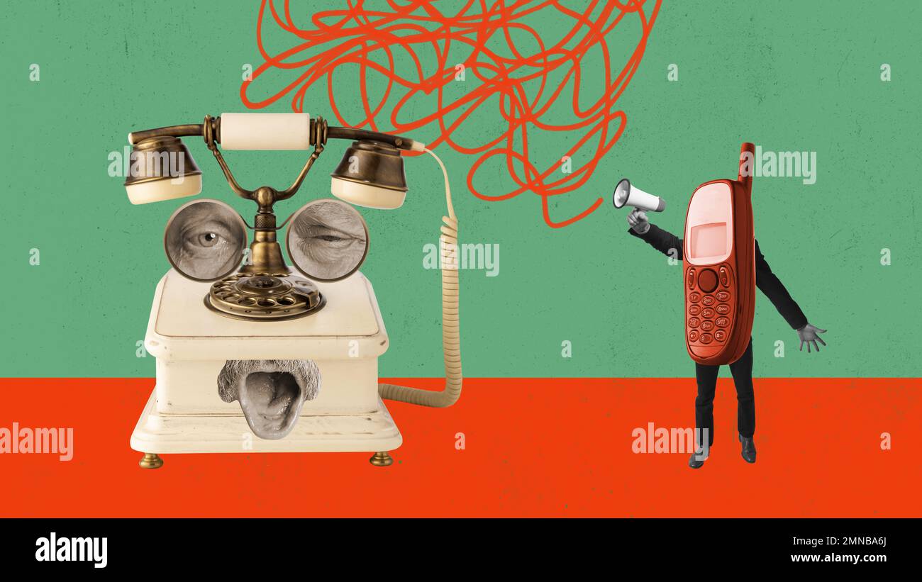 Contemporary art collage. Creative design. Vintage stylish phone and ...