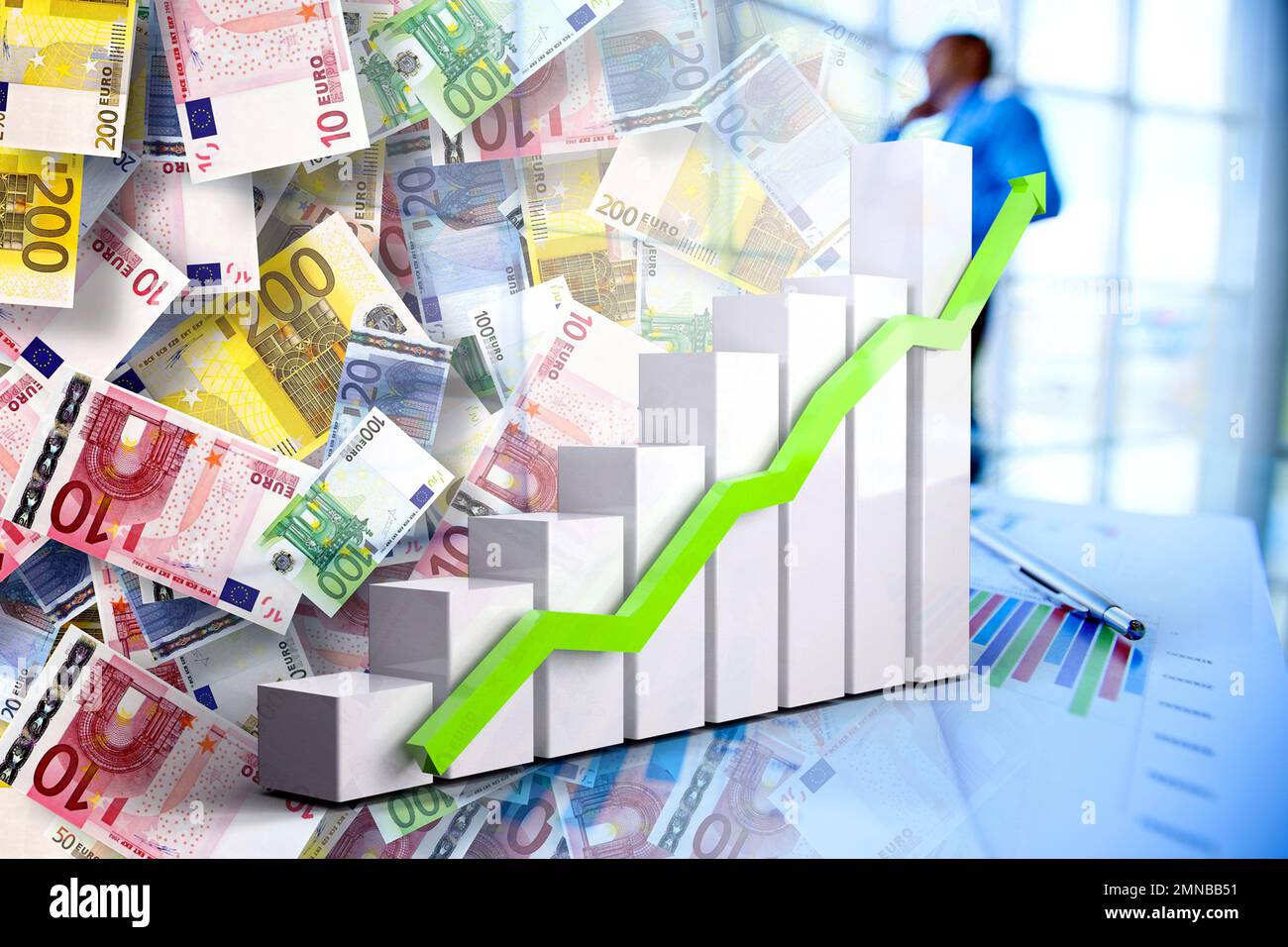 Economy chart: up arrow, cash euro bills and executive man in ...