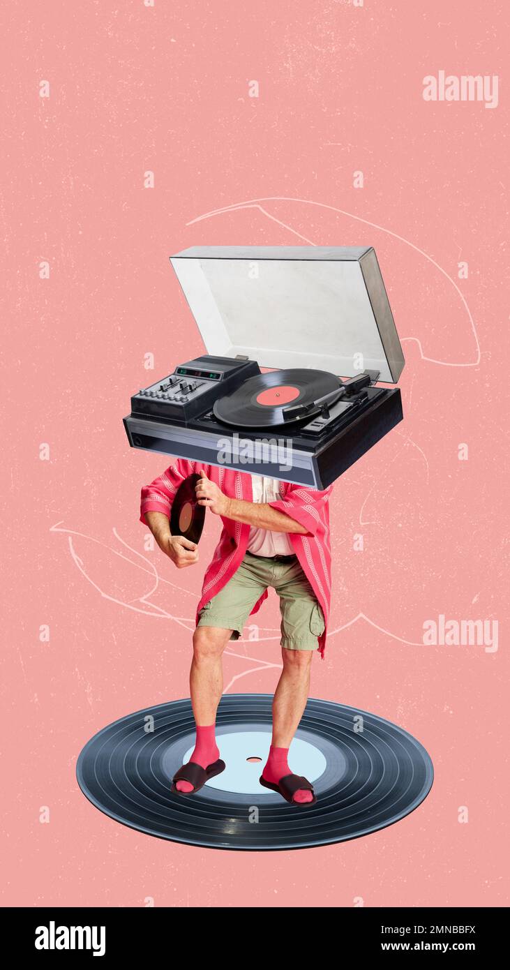 Contemporary art collage. Creative design. Vinyl record player on ...