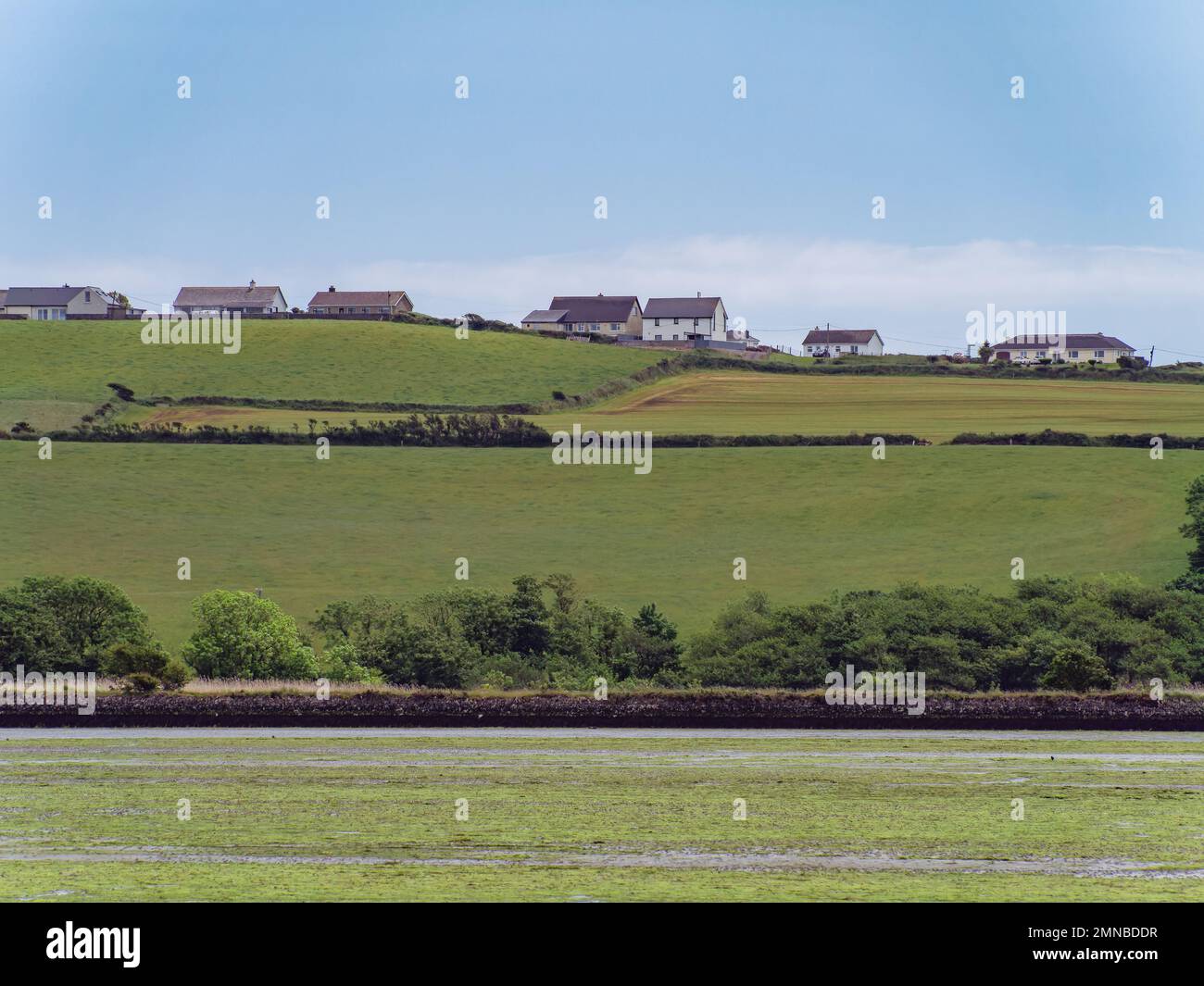 A houses on a hill under a blue sky on a summer day. A small Irish ...
