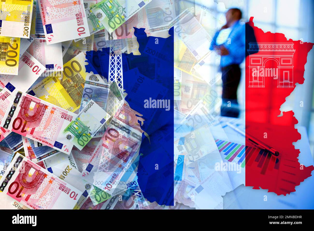France, French flag, cash euro banknotes and businessman in background ...