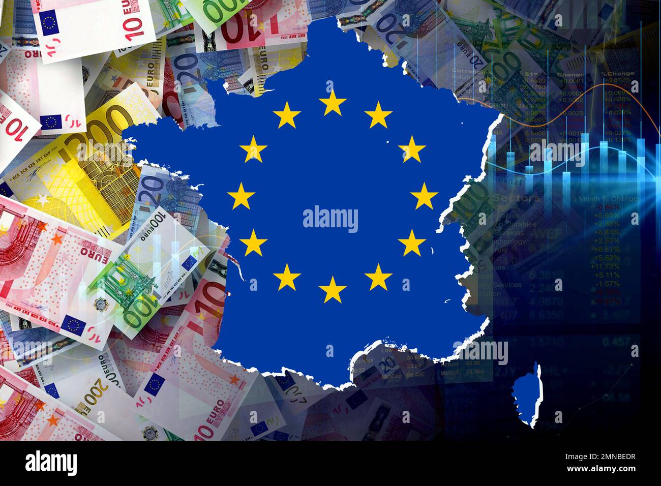 France, European Community flag, cash euro bills and stock market ...
