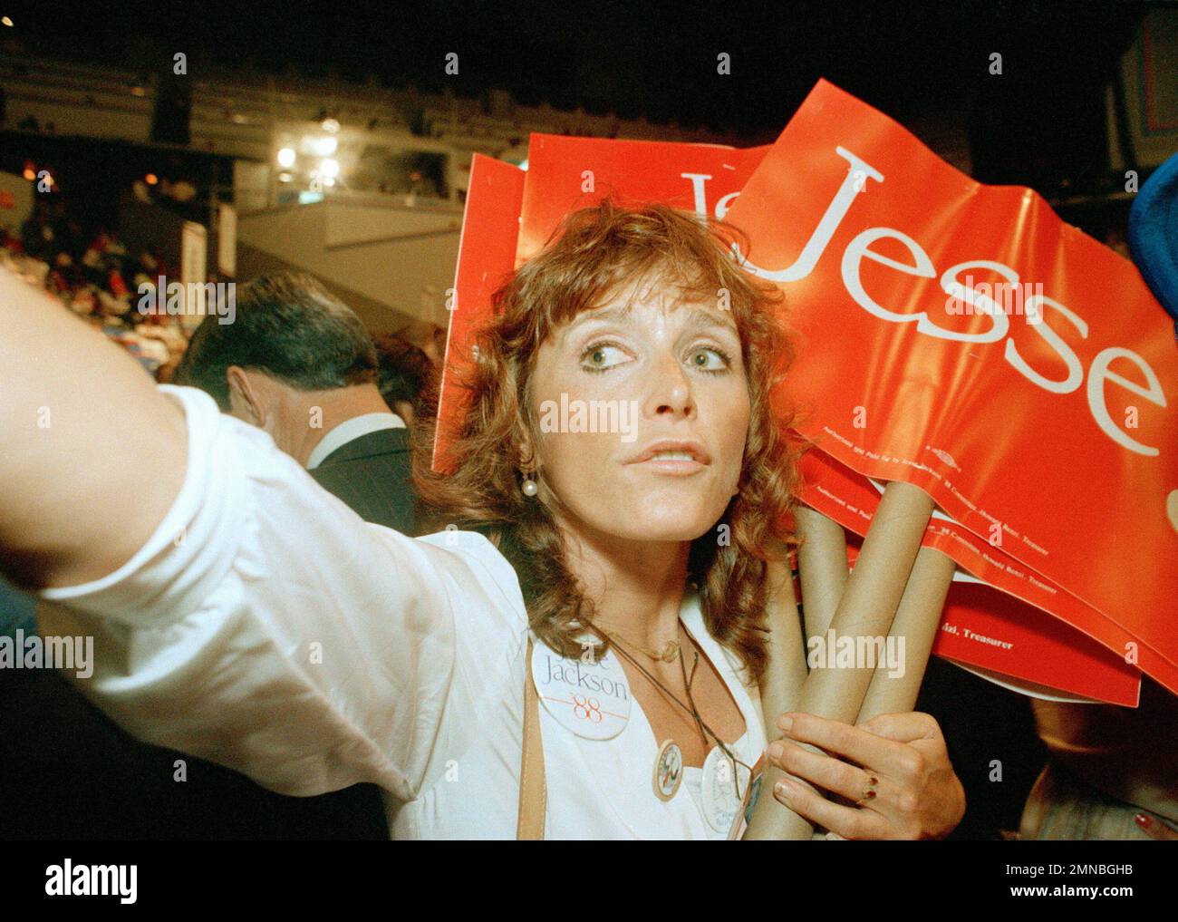 Canadian-born actress, Margot Kidder, carries a Jesse Jackson sign ...