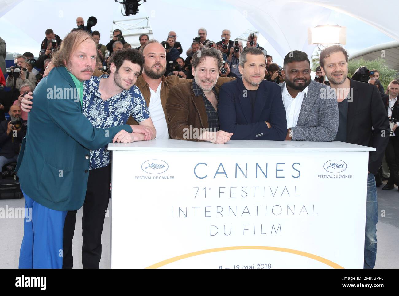Actors Philippe Katerine, from left, Felix Moati, Alban Ivanov, Mathieu Amalric, Guillaume Canet ...