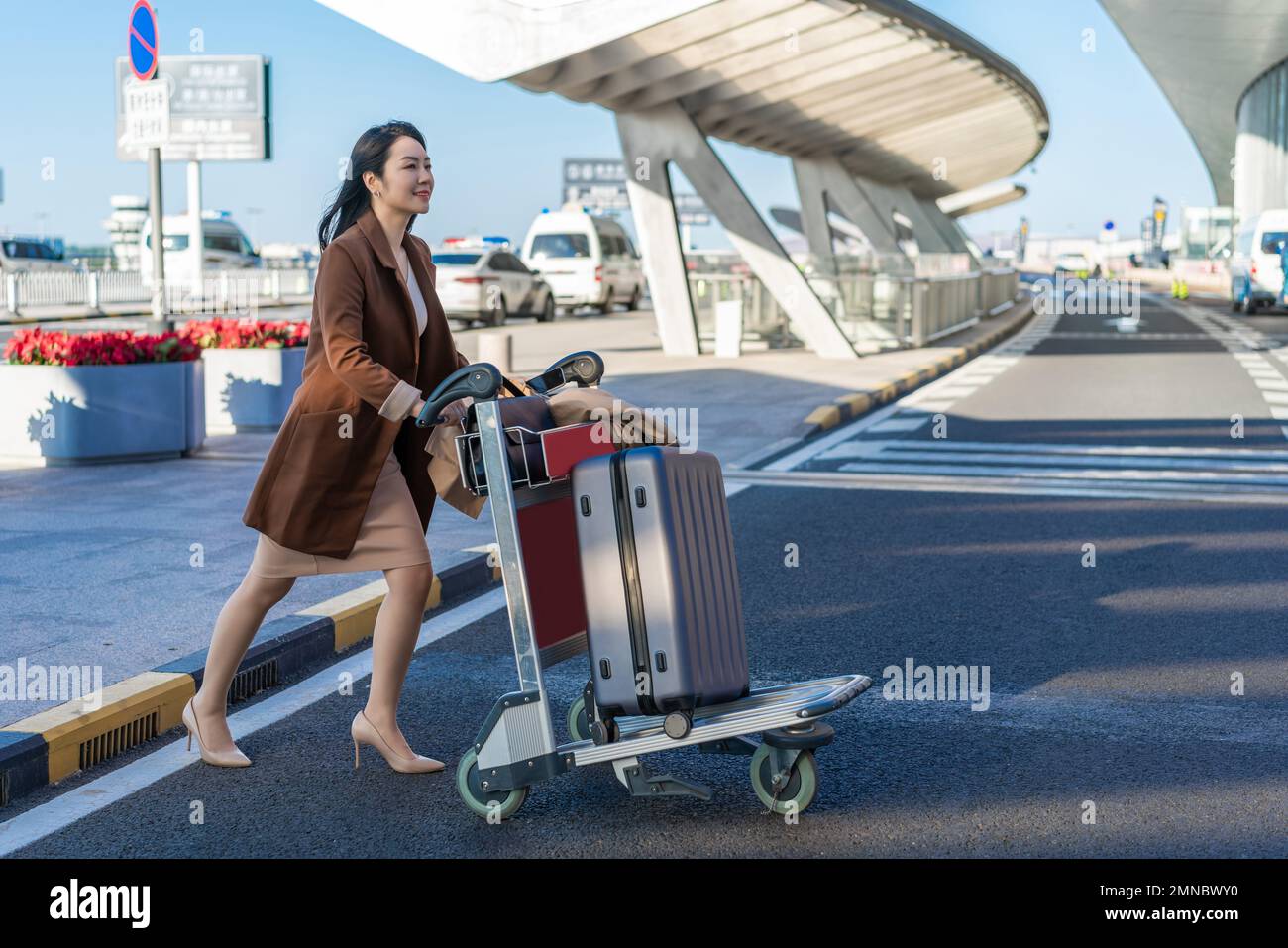 Business woman pushing a cart at the airport Stock Photo - Alamy