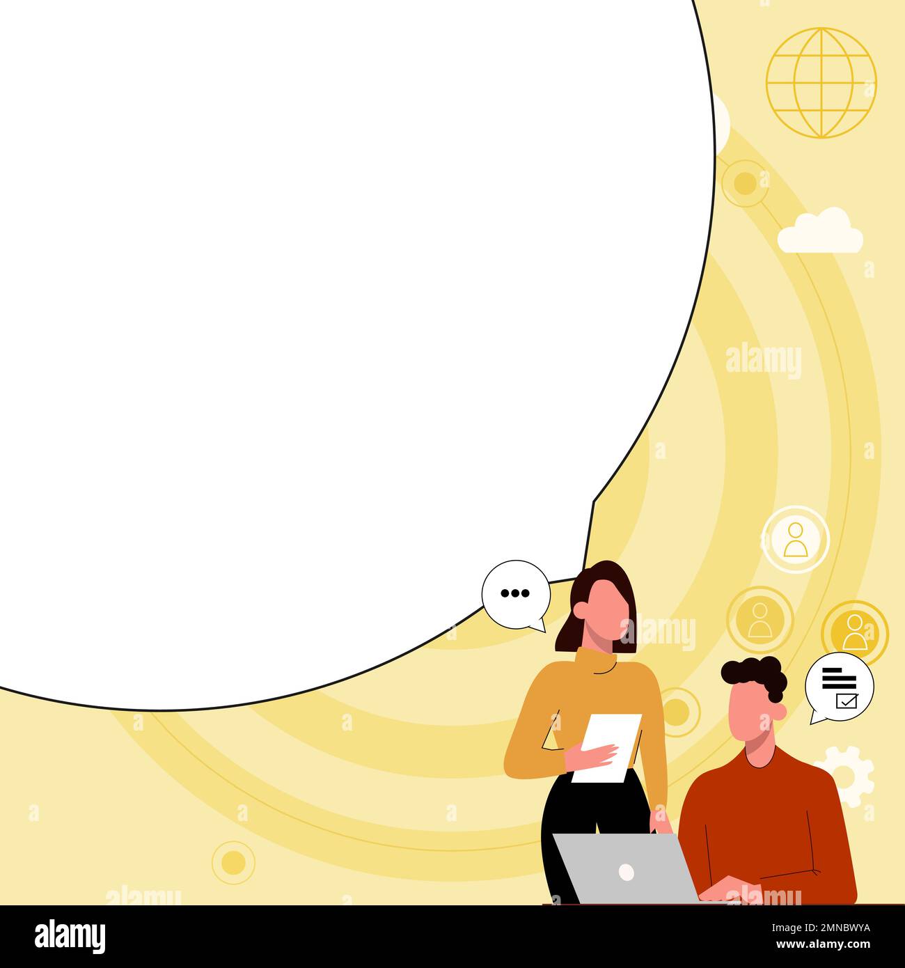 Man sitting at the table with laptop. Woman standing near computer ...