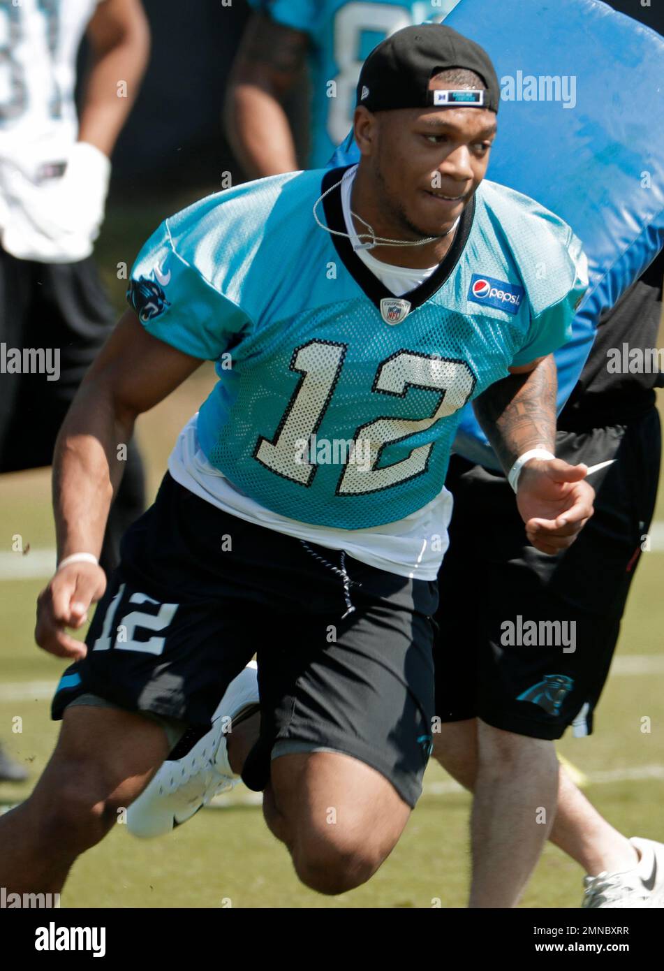 Carolina Panthers' D.J. Moore (12) runs a drill during the NFL football ...