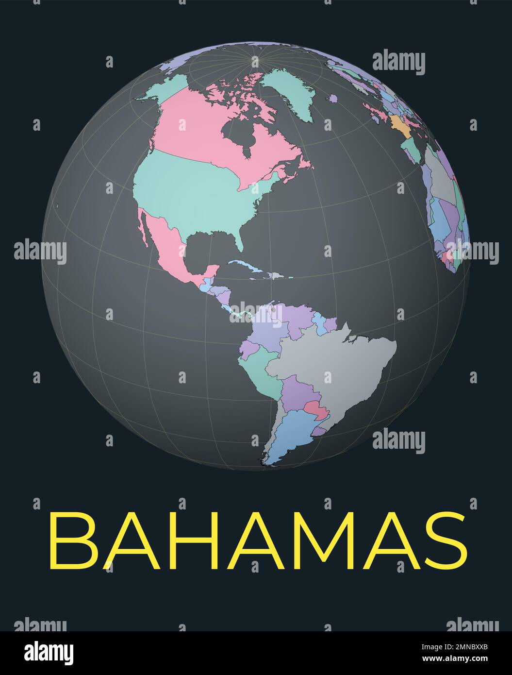 World map centered on the Bahamas. Red country highlighted. Satellite ...