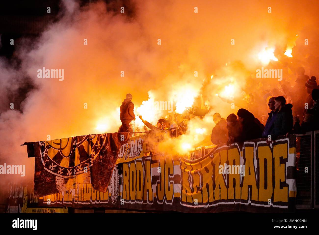KERKRADE, NETHERLANDS - JANUARY 30: Fans Supporters of Roda JC using fireworks during the Dutch ...
