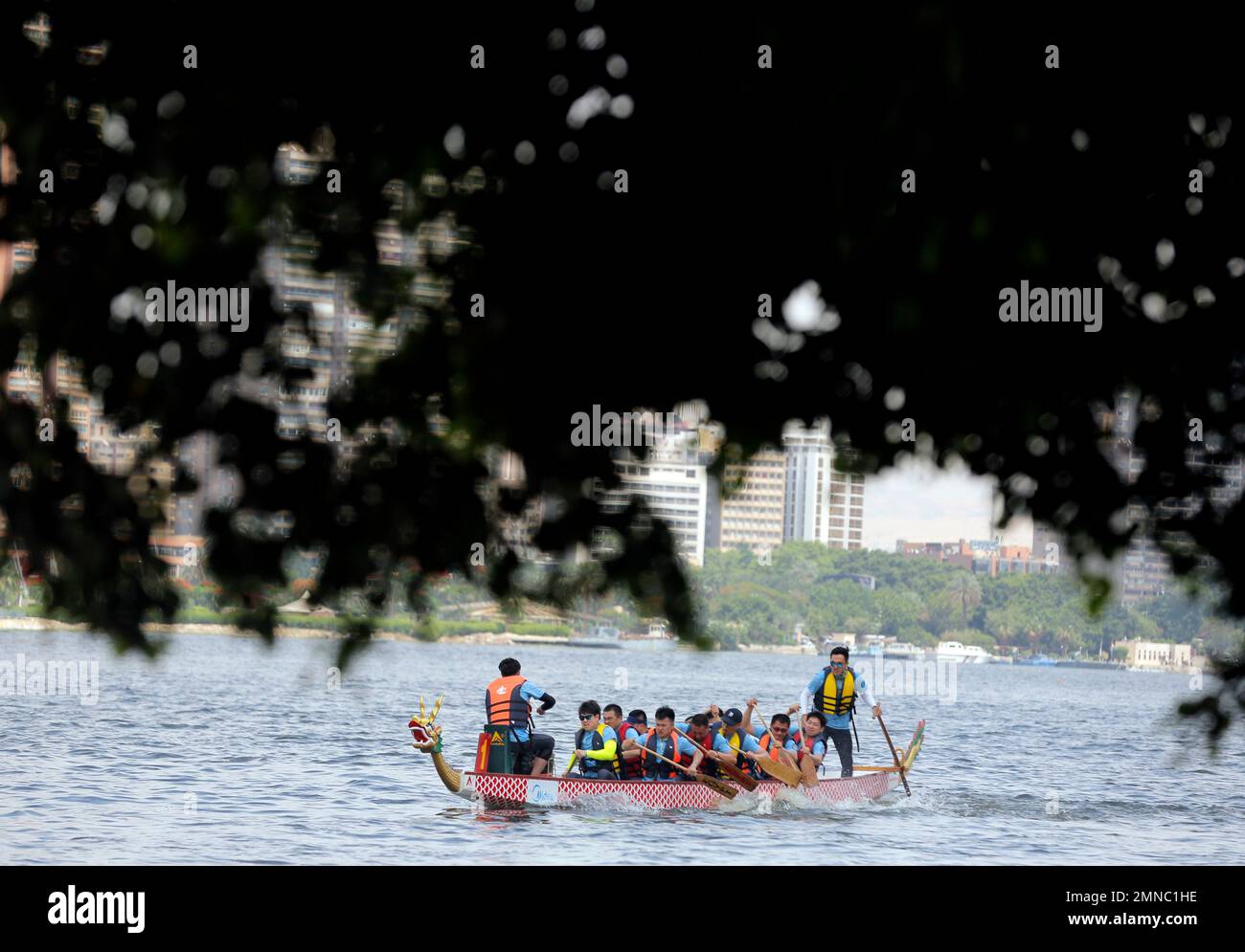 Chinese rowing team members race on their dragon boat on the Nile River ...