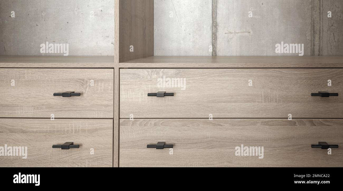 Empty contemporary wooden wardrobe design with concrete wall Stock ...