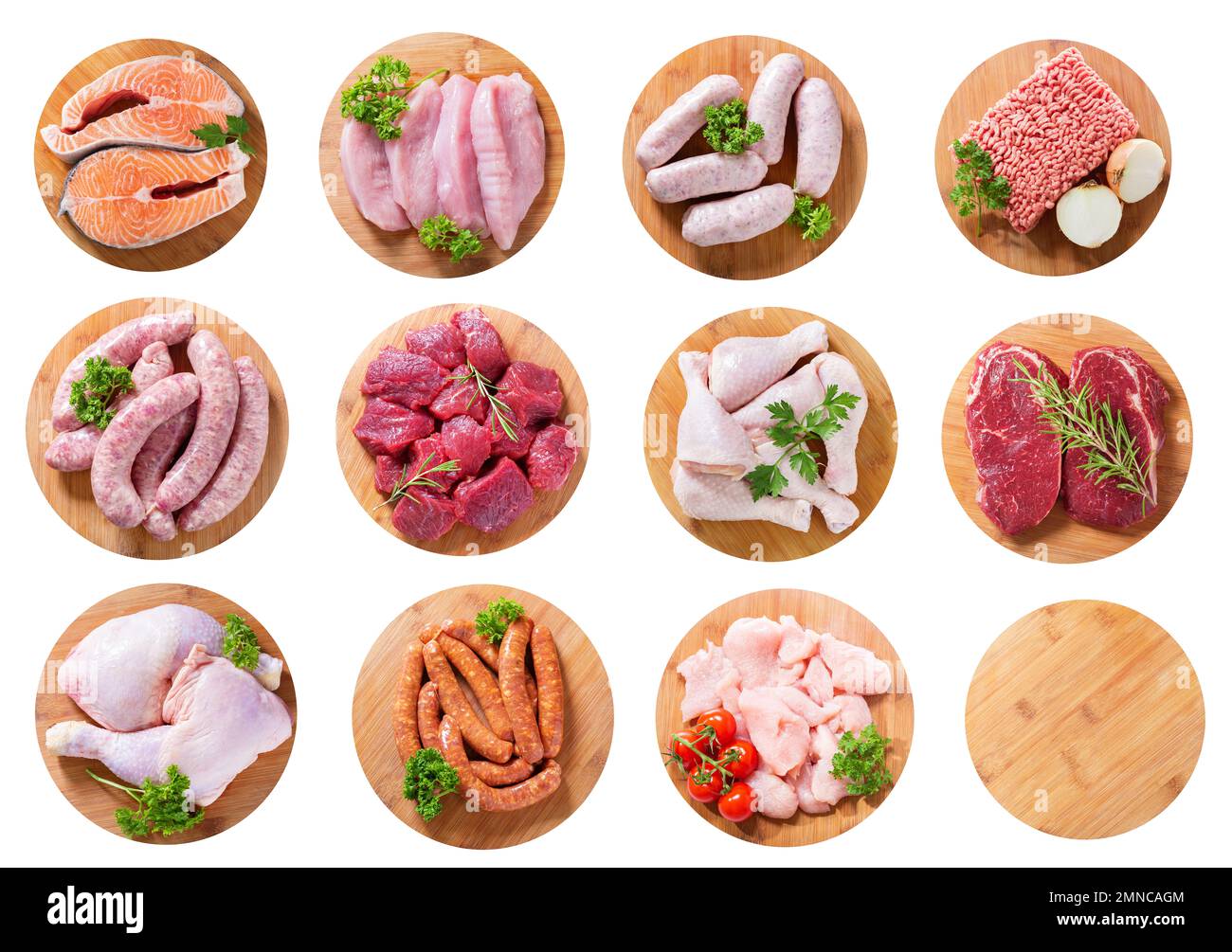 set of various fresh meat products on wooden boards isolated on white ...