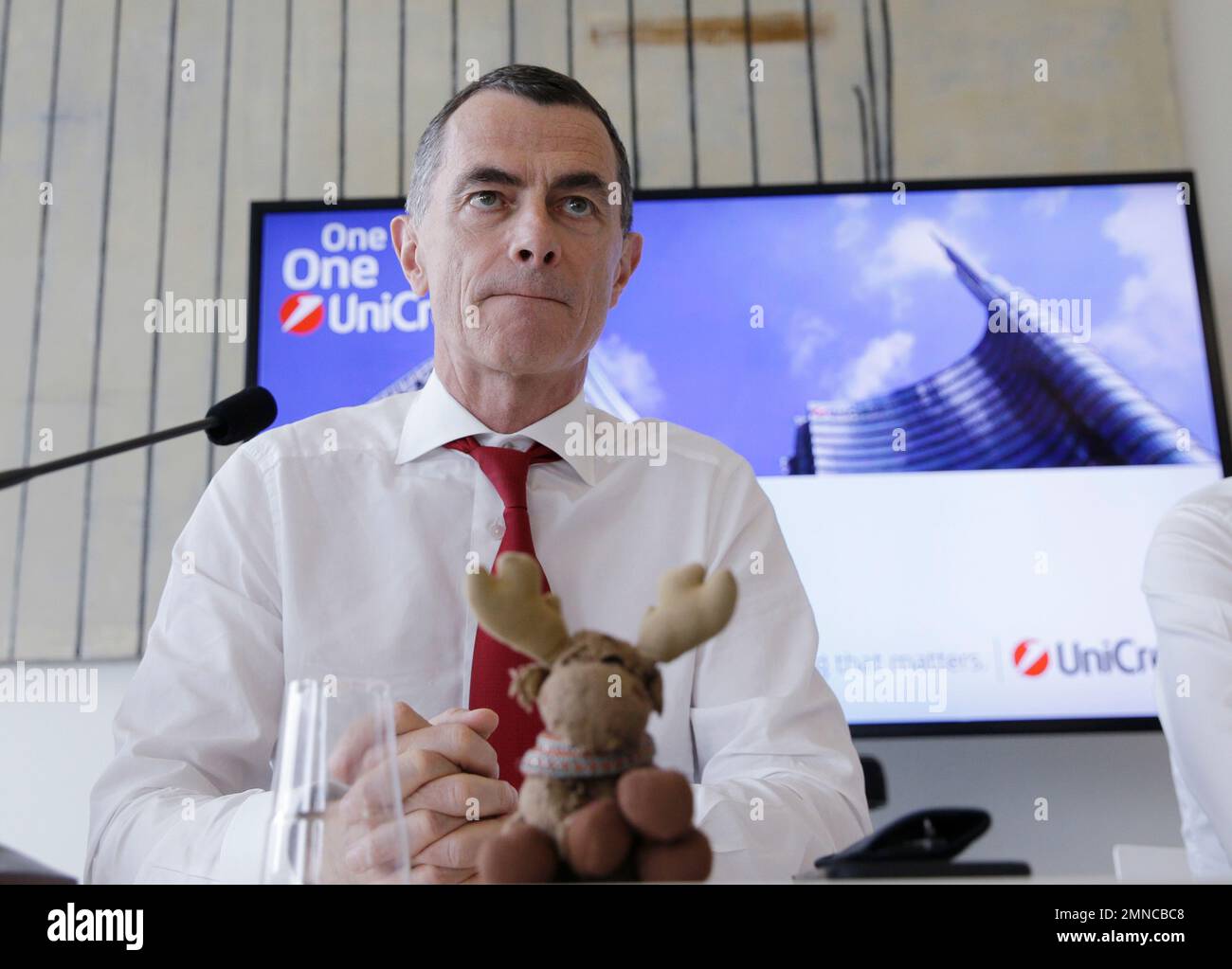 UniCredit Bank CEO, Jean Pierre Mustier, speaks during a press conference in Milan, Italy ...