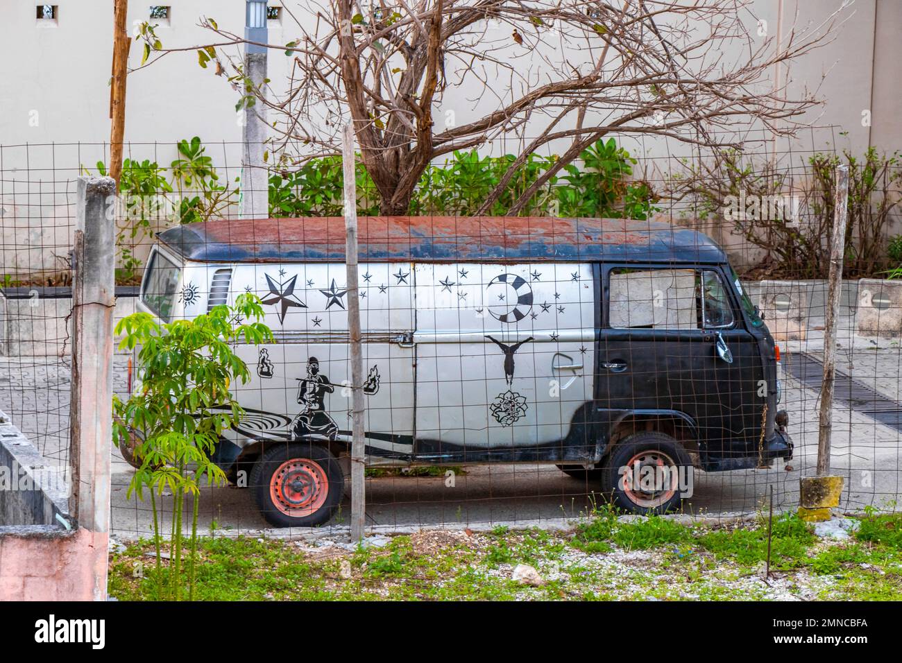 Playa del Carmen Quintana Roo Mexico 2022 Old black broken dirty VW bus ...
