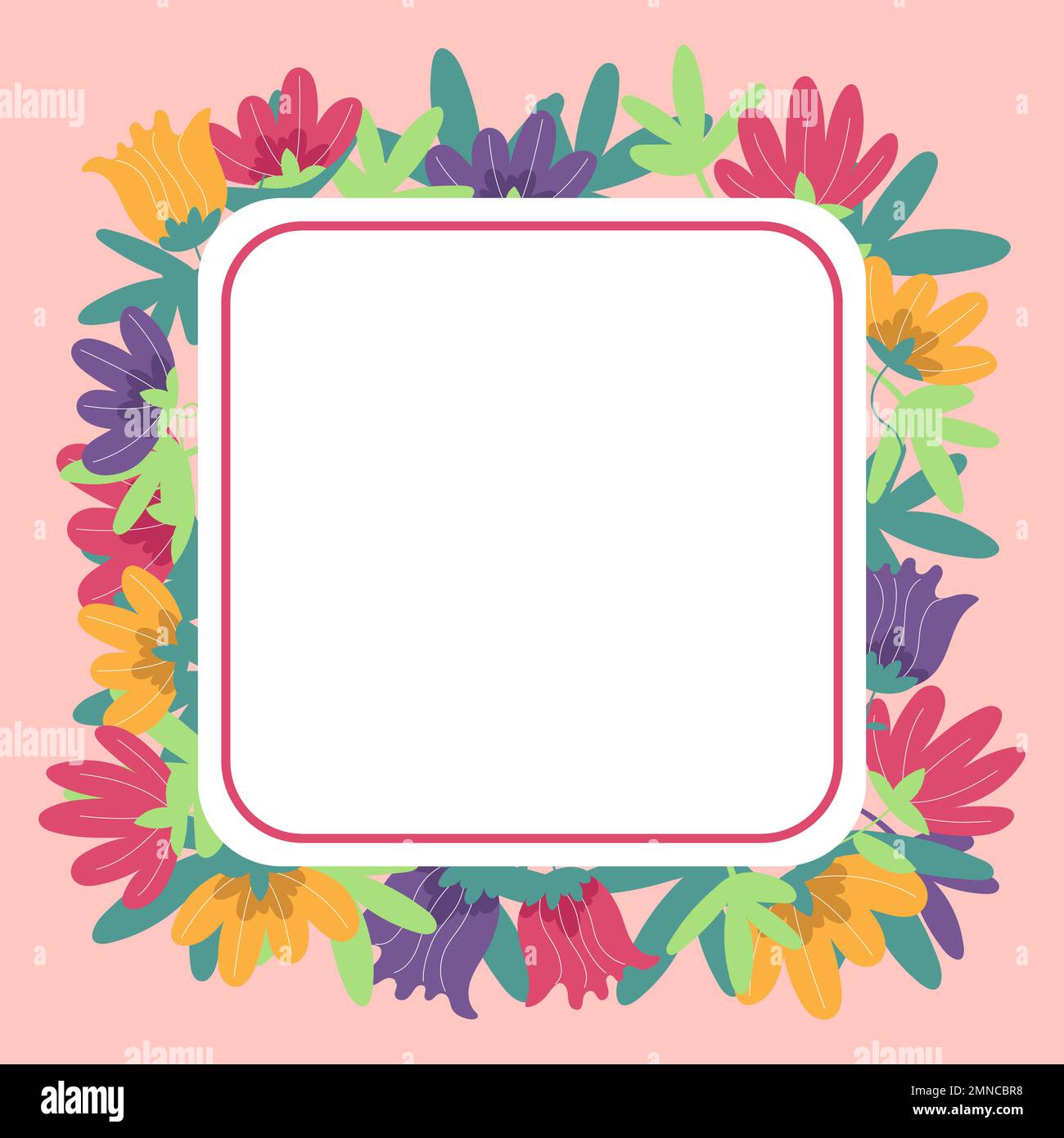 Square Shape Pink Color. Text Frame Surrounded With Assorted Flowers ...
