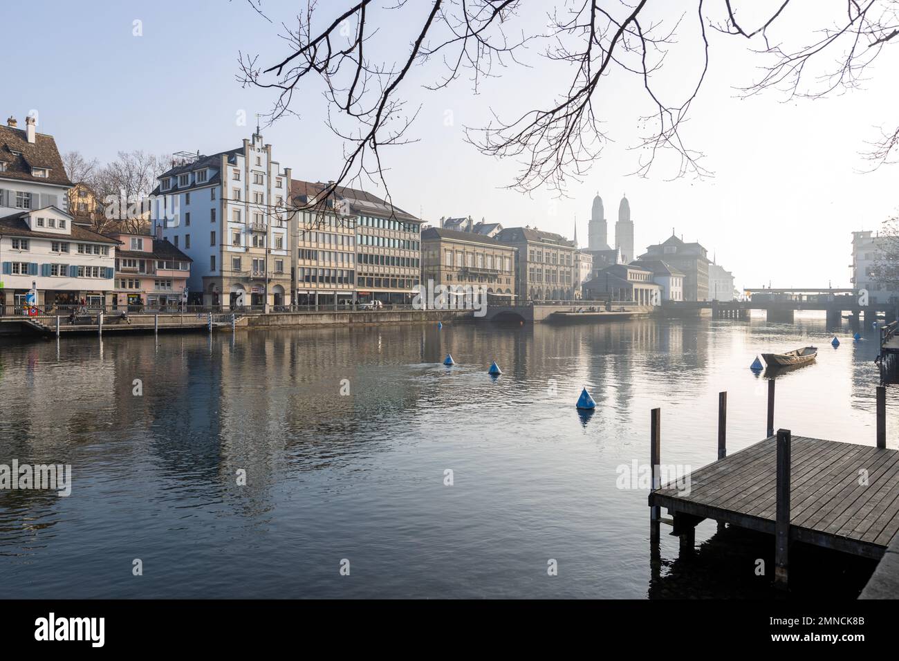 View across the Limmat to Zurich's old town in the milky autumn light ...