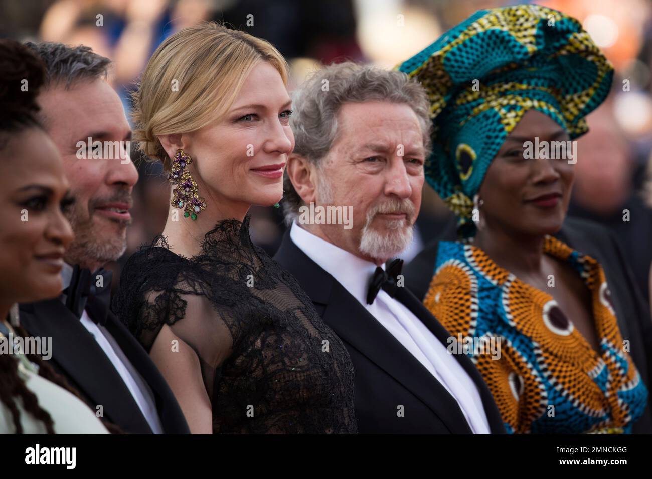 Jury members Ava DuVernay, from left, Denis Villeneuve, Cate Blanchett, Robert Guediguian ...