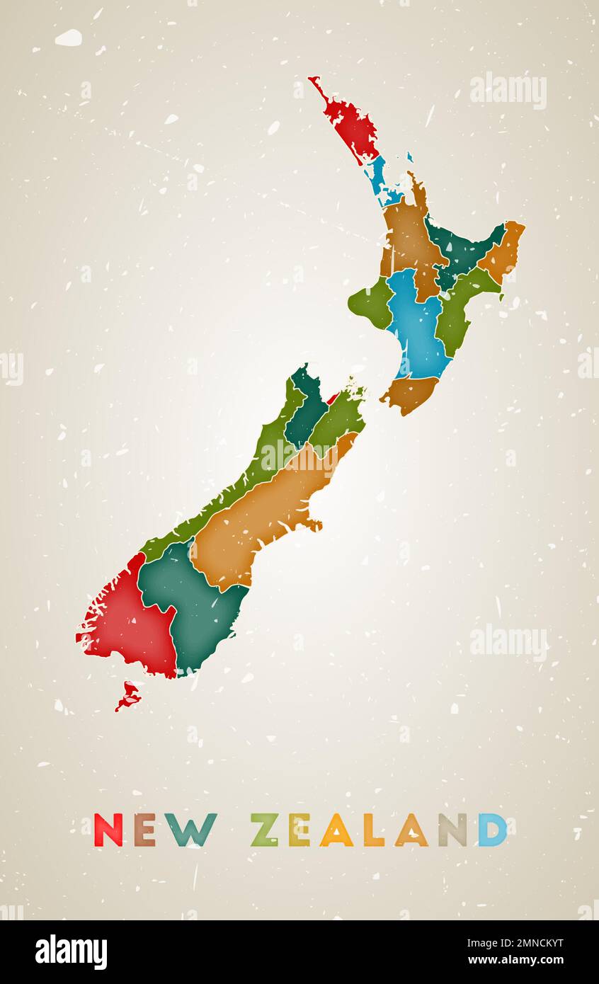 New Zealand map. Country poster with colored regions. Old grunge ...