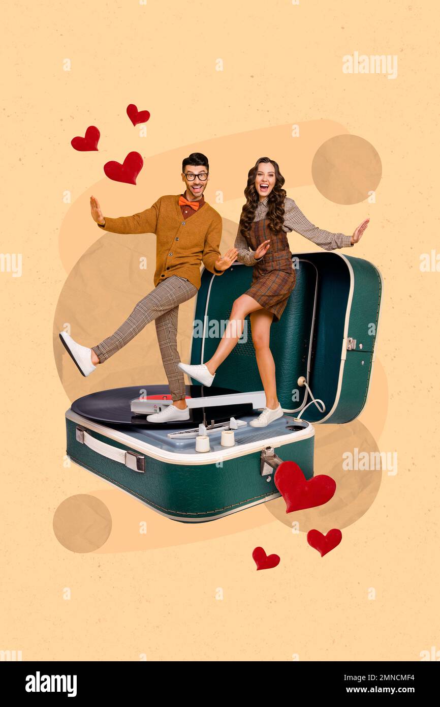 Creative photo picture collage poster postcard of crazy funky friends ...