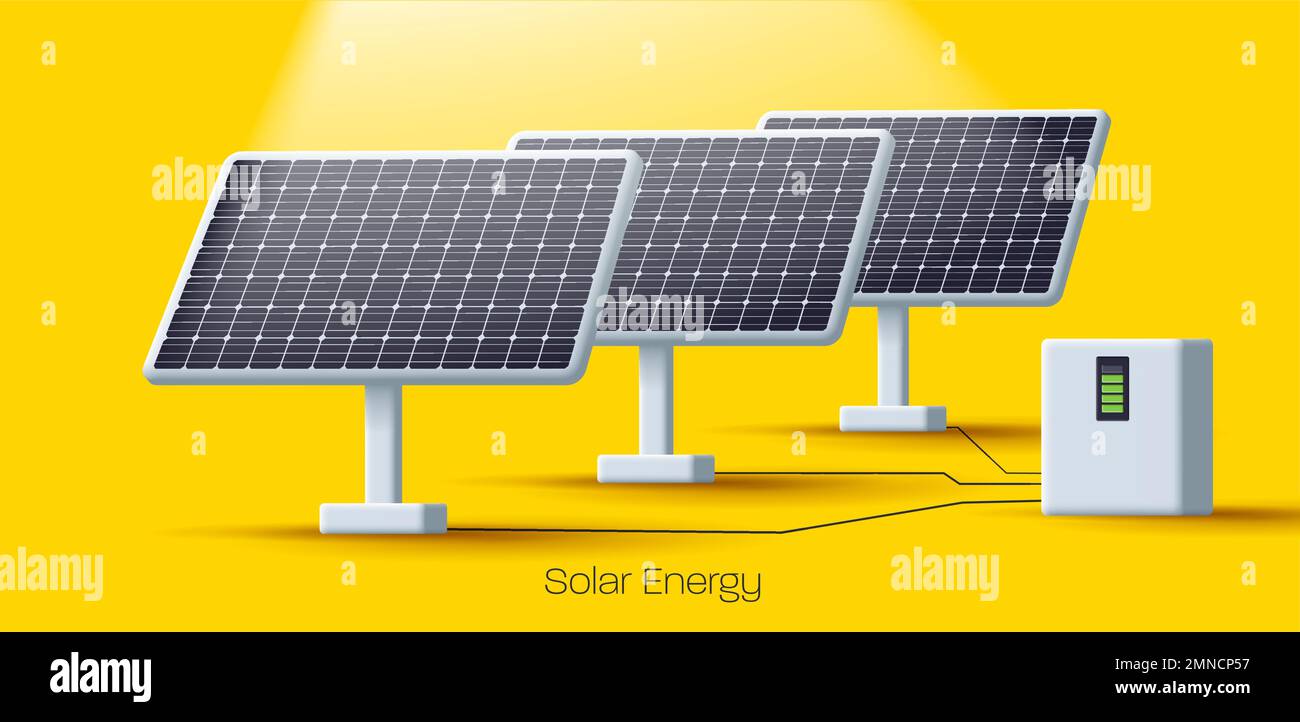 3d solar power station with panel and energy collector, 3d illustration ...