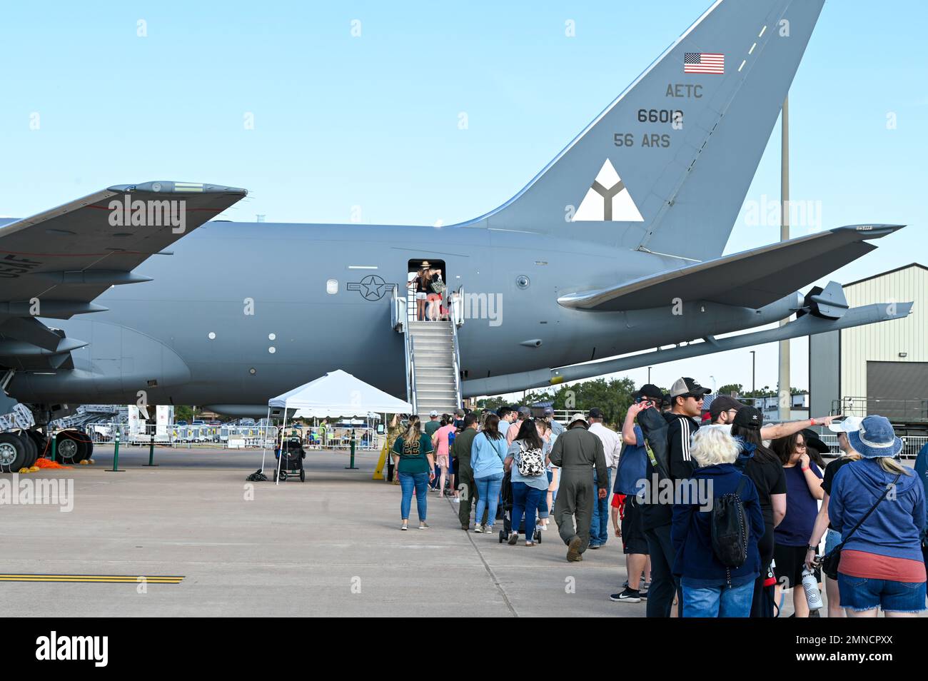 A KC-46 Pegasus sits on the flightline at Altus Air Force Base ...