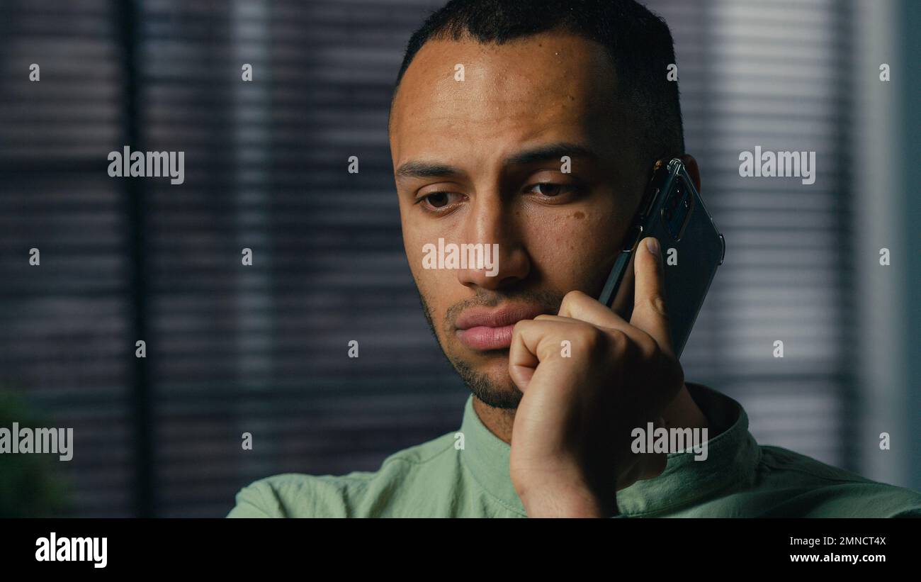 Serious Worried Excited Latin American Man Talking Mobile Phone Sad