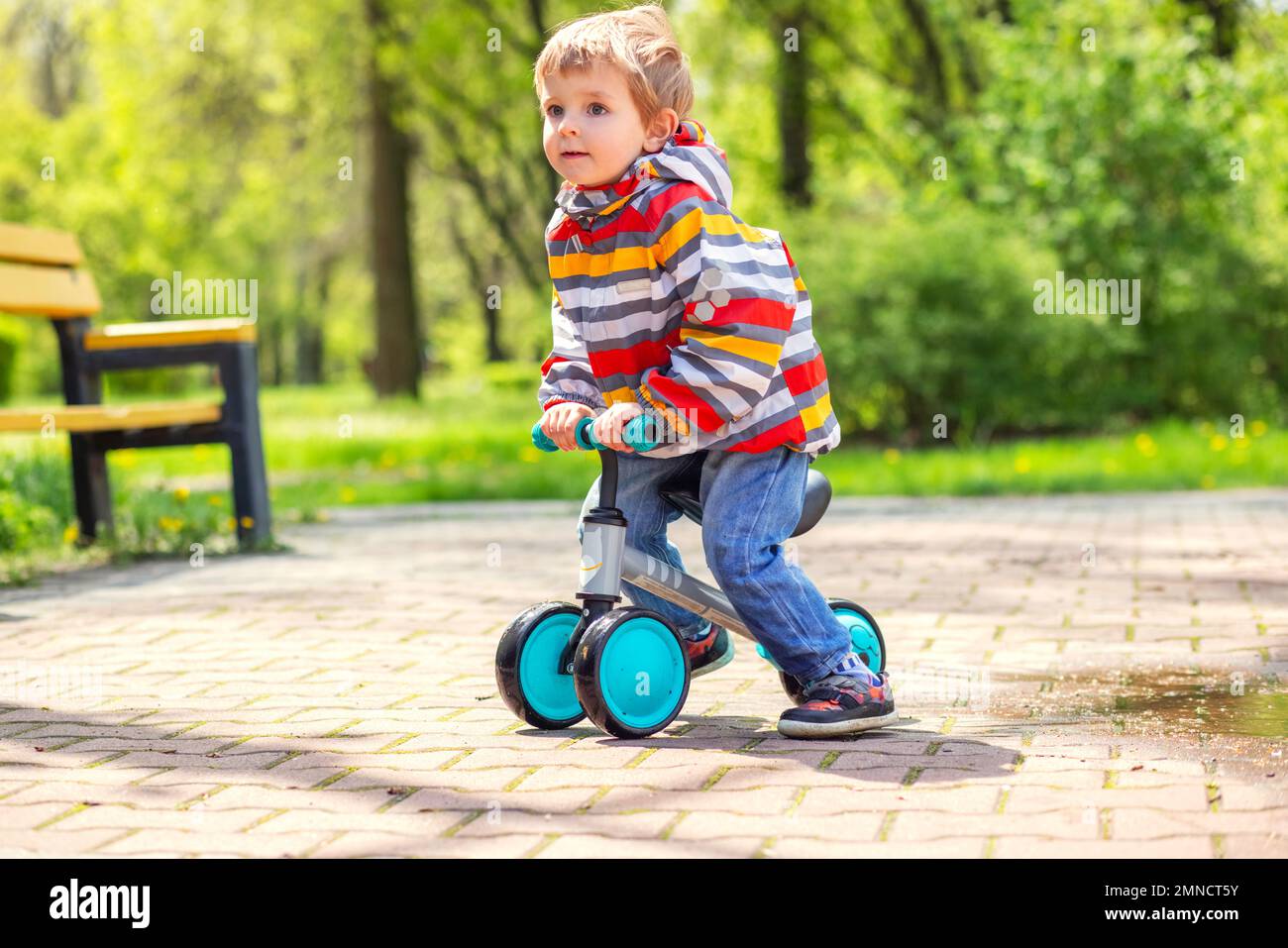 Active blond boy riding balance bike or run bike outdoor park Stock ...