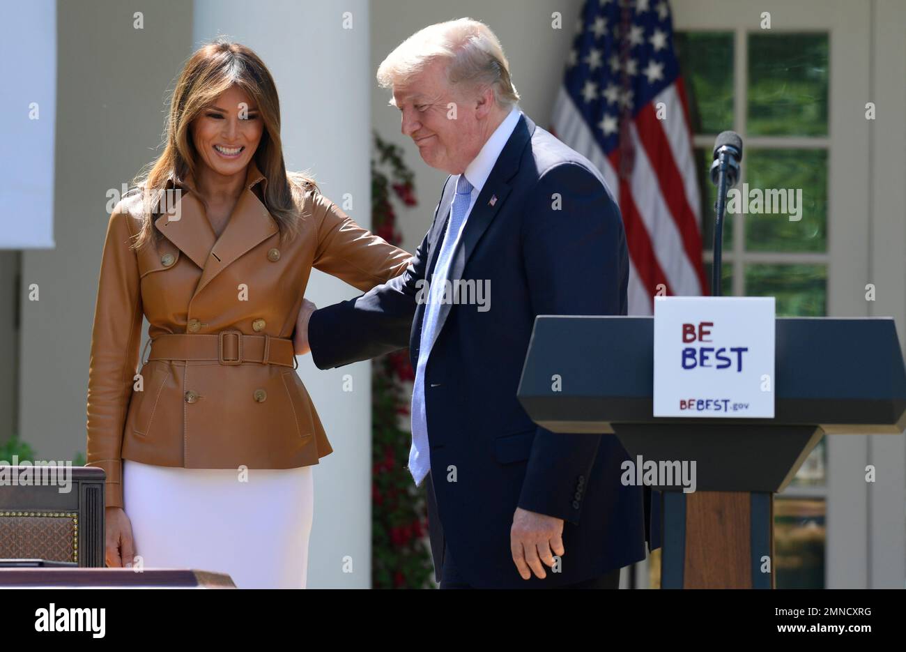 President Donald Trump stands next to first lady Melania Trump during ...