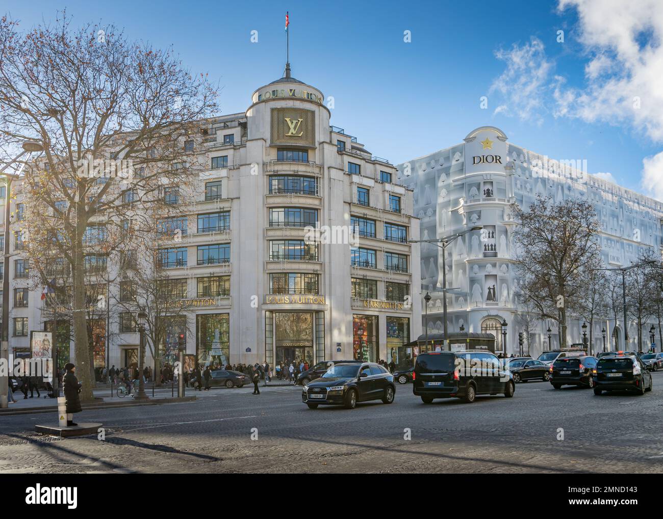 The Louis Vuitton and Dior flagship store fronts are seen on the Champs ...