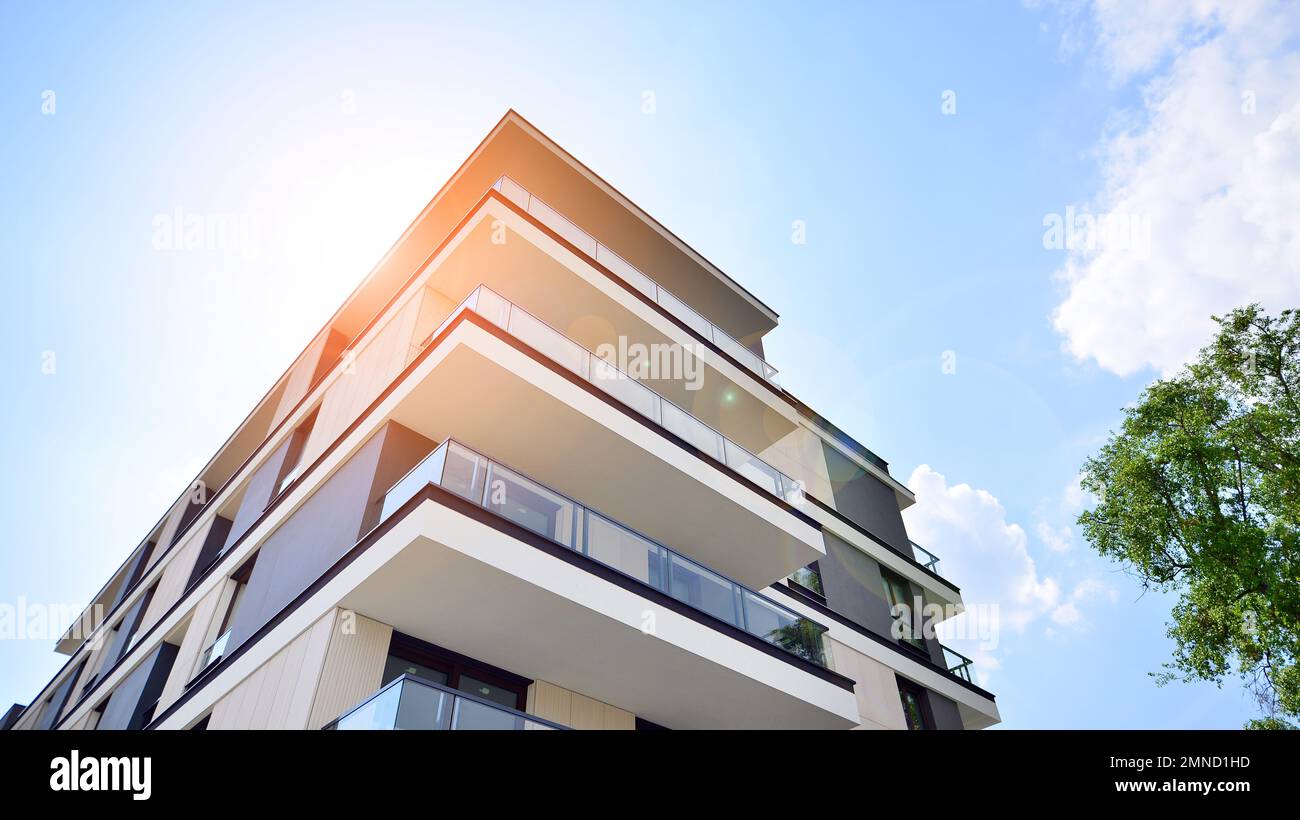 Modern apartment building in sunny day. Exterior, residential house ...
