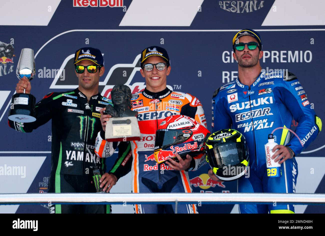 Moto GP riders Johann Zarco of France, Marc Marquez of Spain and Andrea ...