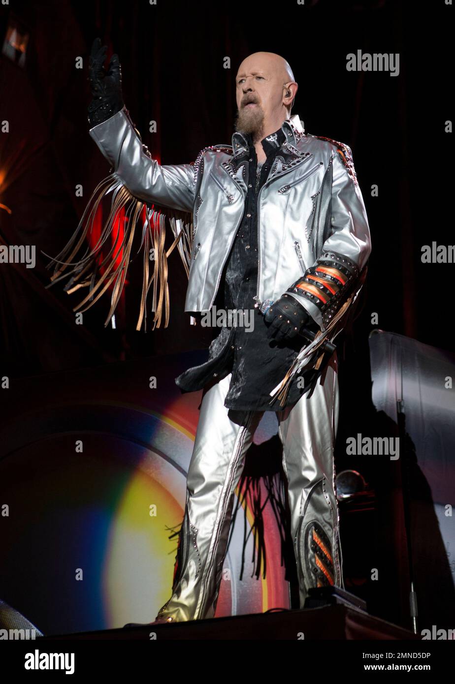 Rob Halford, vocalist of heavy metal band Judas Priest, gestures during ...