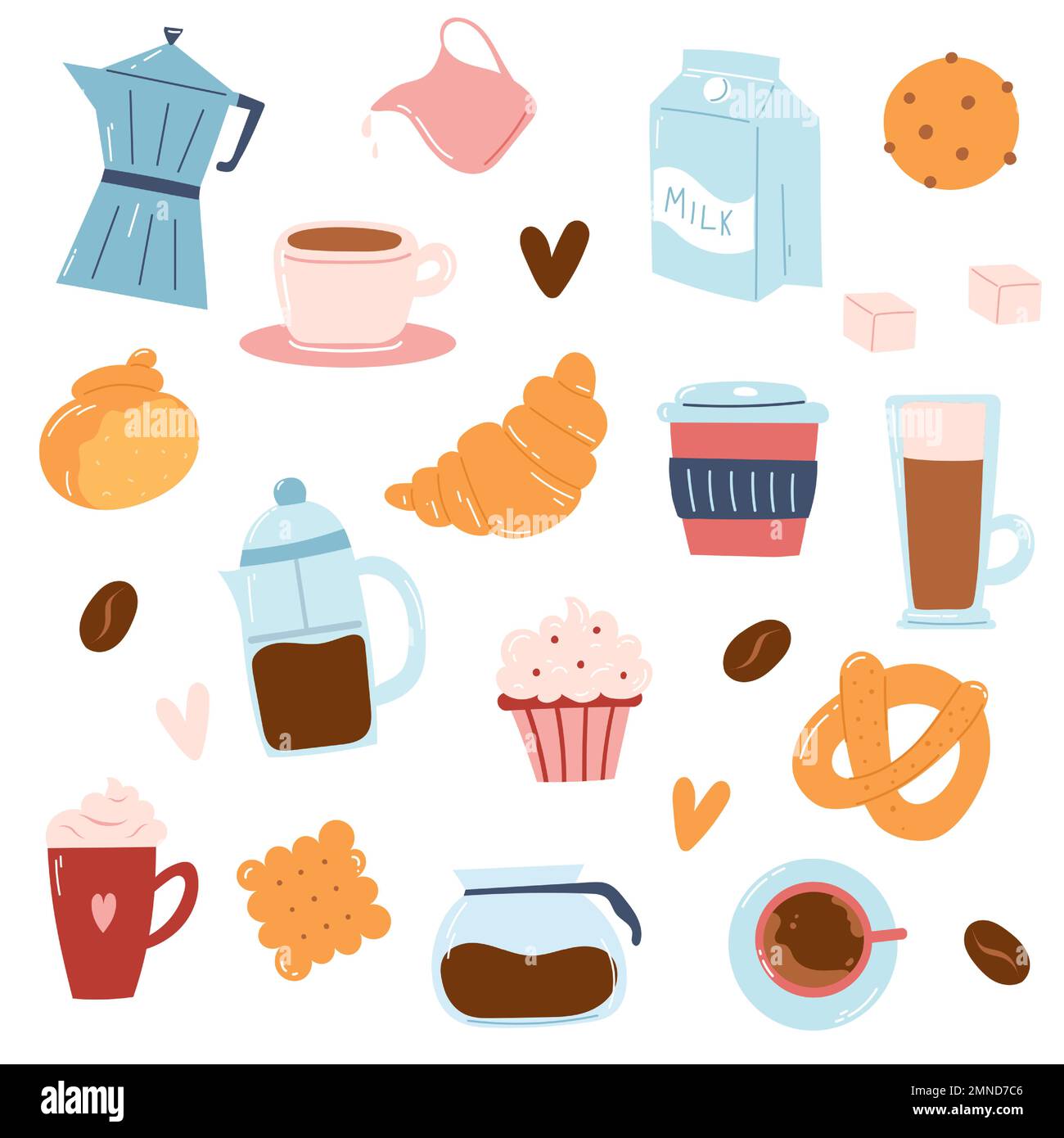Coffee set. Hand drawn icons of coffee makers, cups, sweets, bakery in ...