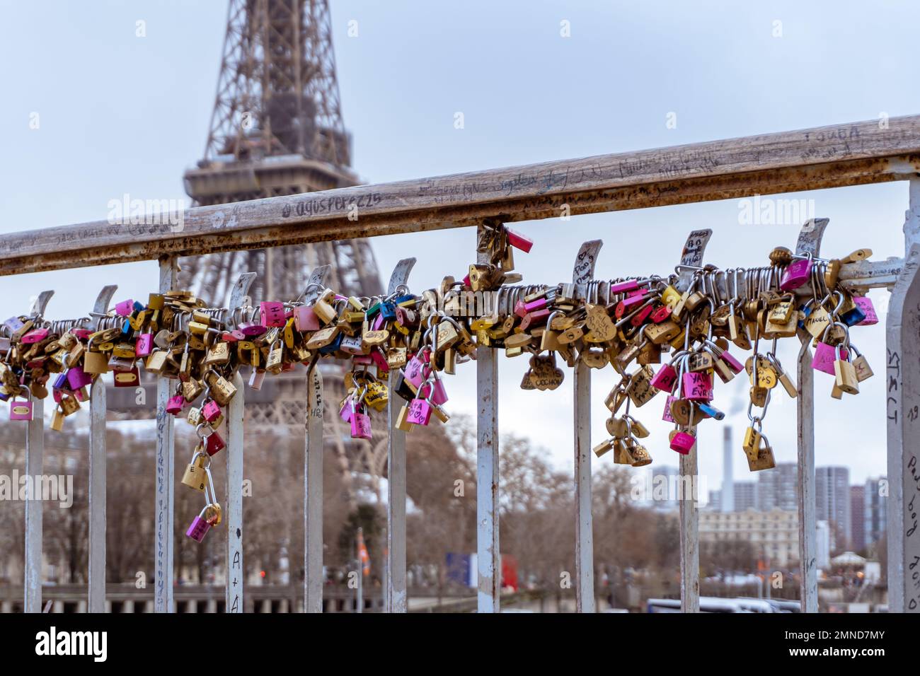 Love locks line the railings of the Debilly Footbridge, a pedestrian ...