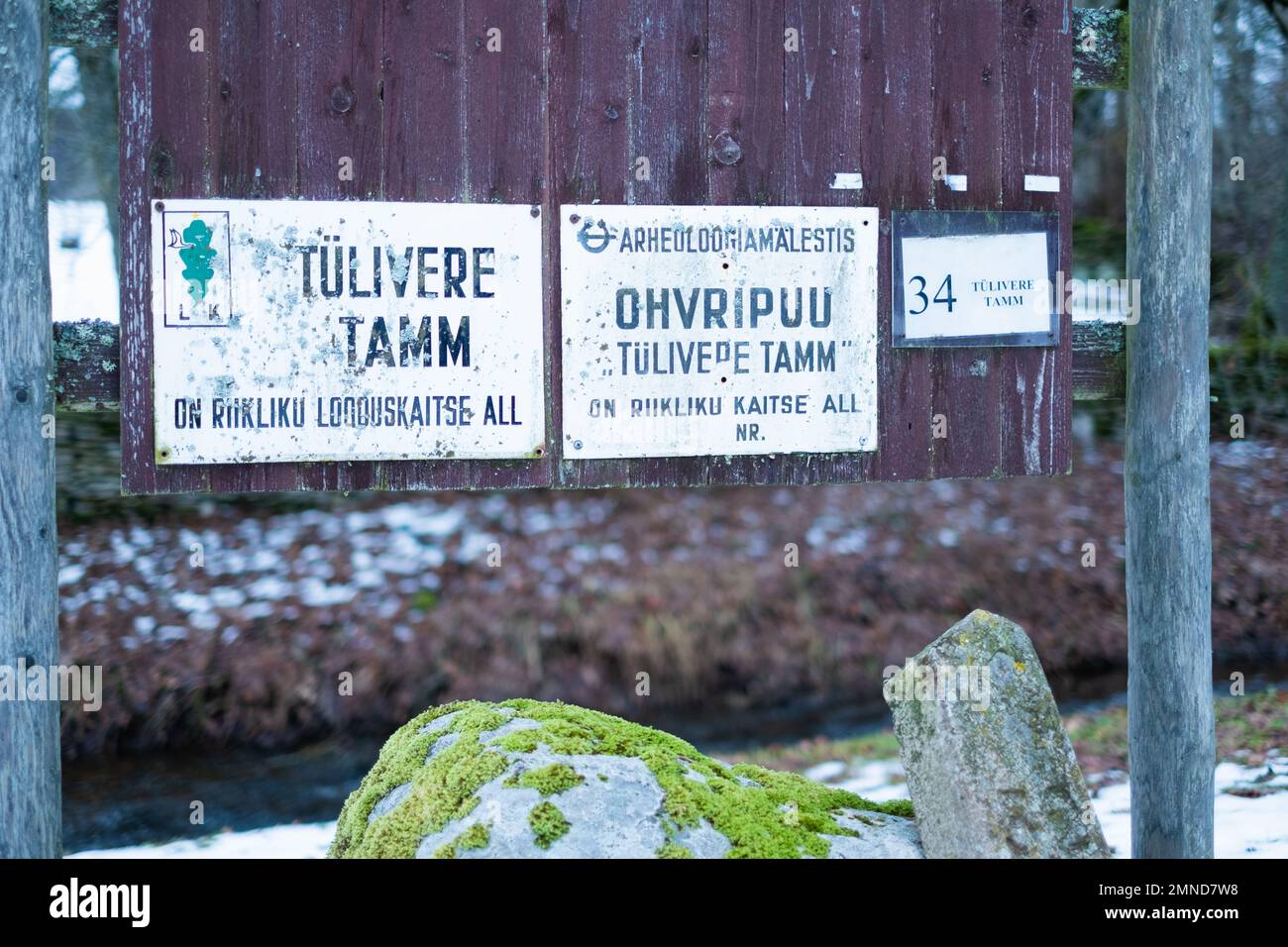 Kuusalu, Estonia - 01.29.2023: Sign for Tülivere tamm (Tülivere sacred ...