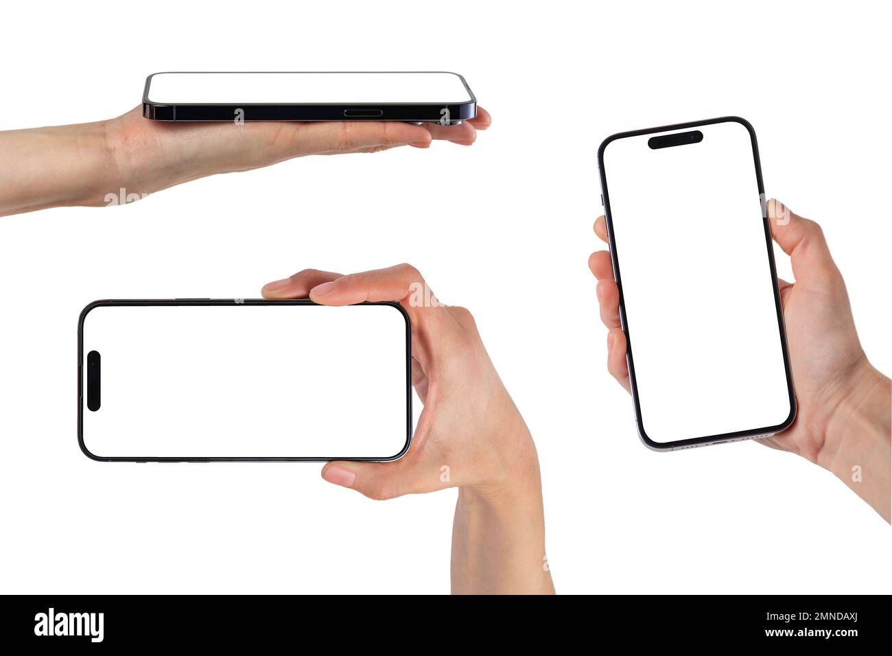 Phone in hand, set. Modern, new phone in hand isolated on white ...