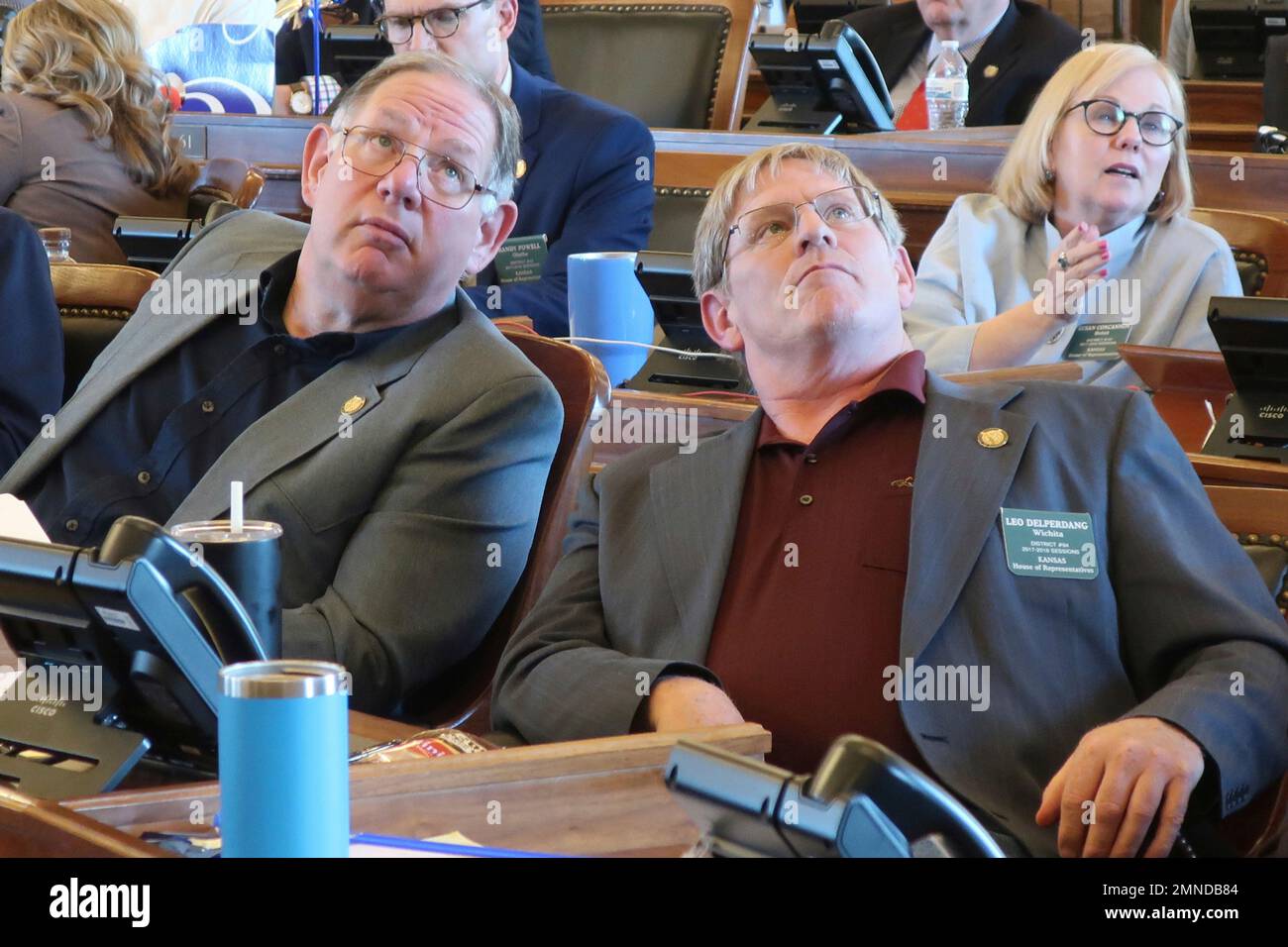 Kansas state Reps. Dan Hawkins, left, and Leo Delperdang, right, both R ...