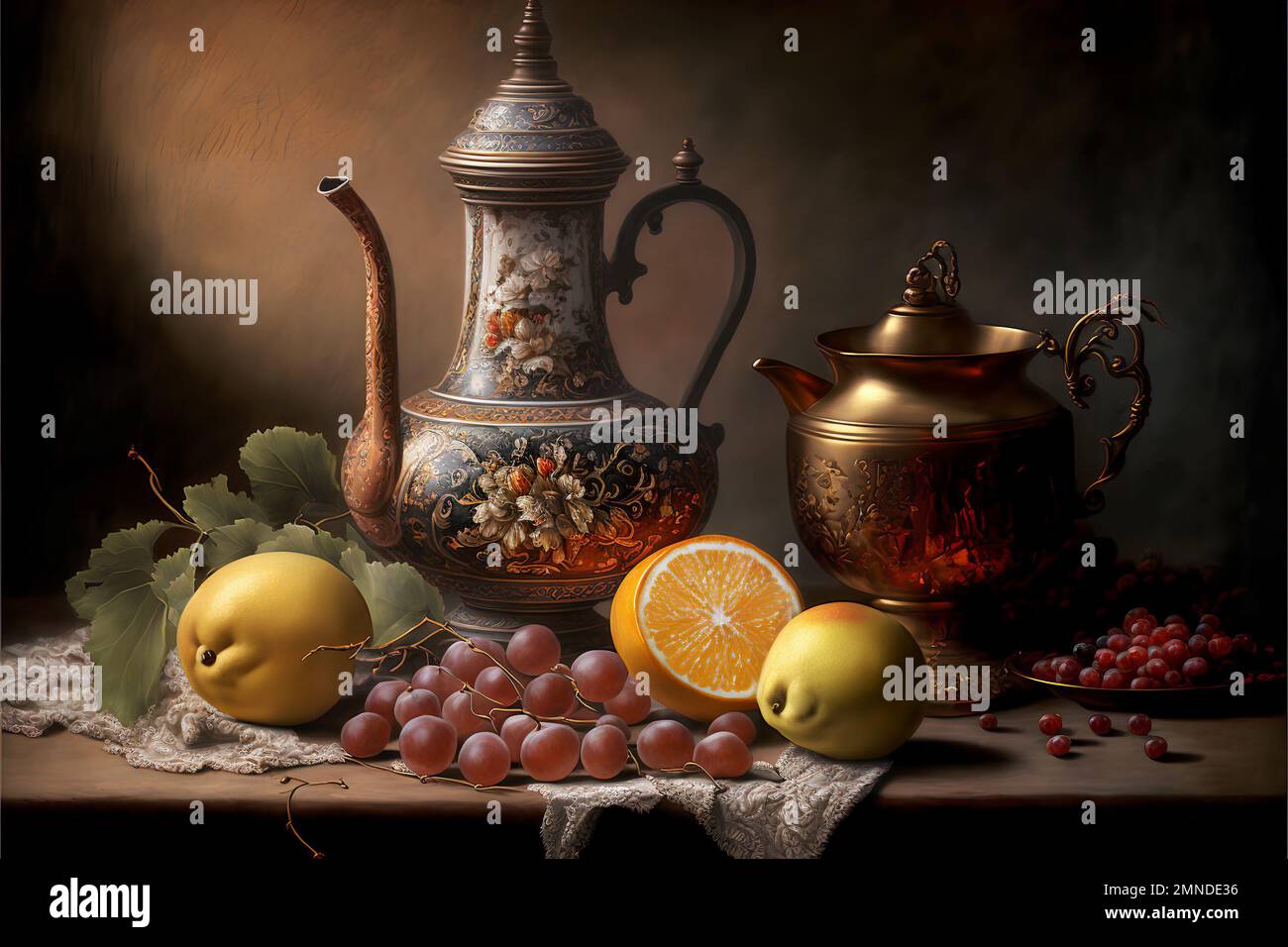 Still life with a beautiful jug and fruit lying on a shabby tablecloth ...