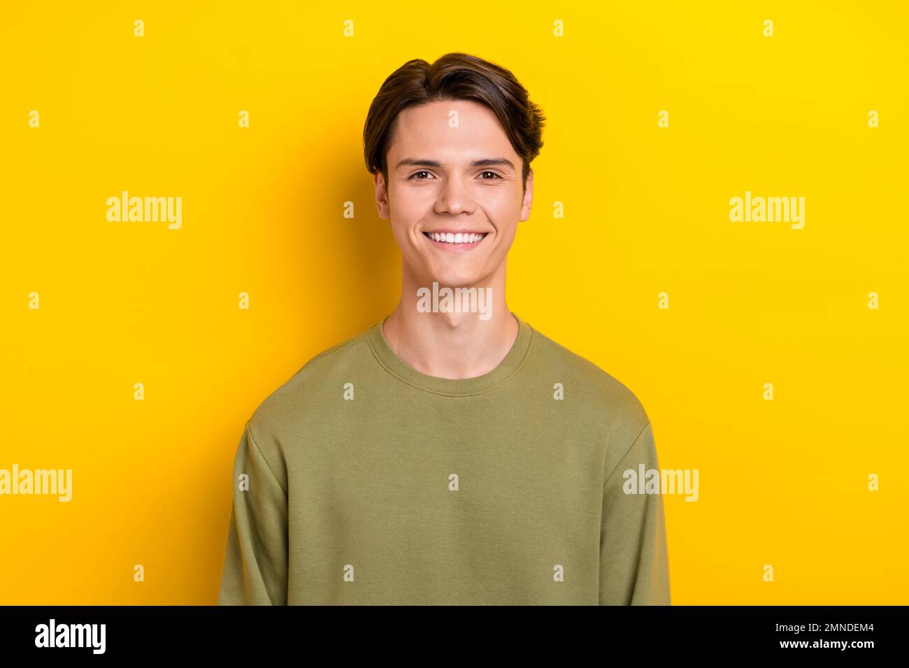 Photo of satisfied glad friendly person beaming smile good mood ...