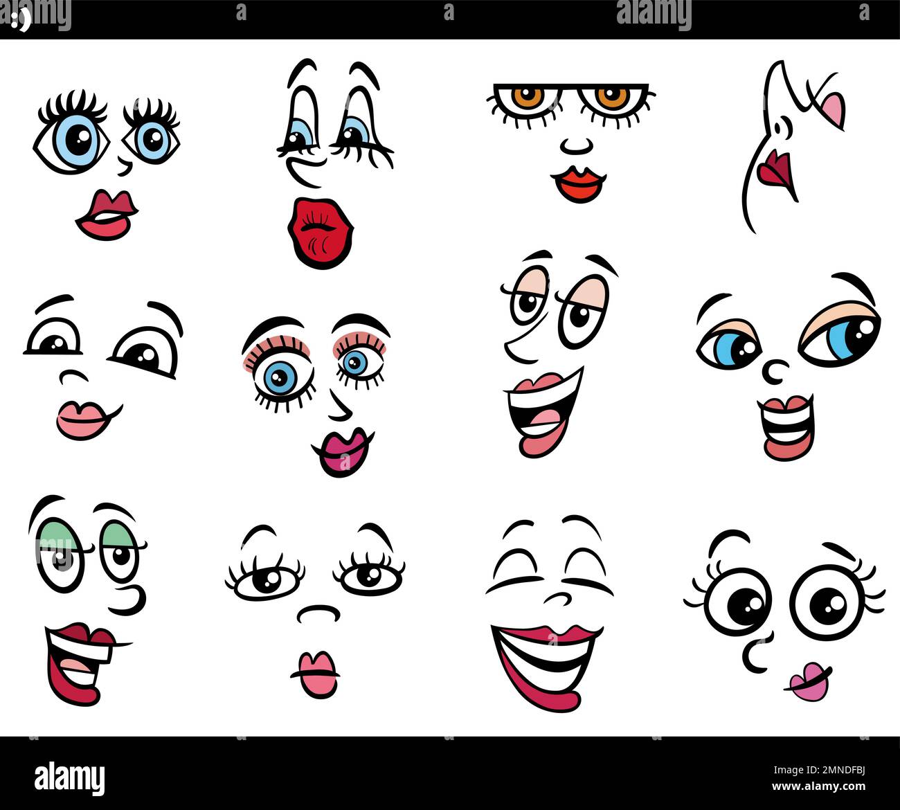 Cartoon women faces or emotions design elements graphic set Stock ...