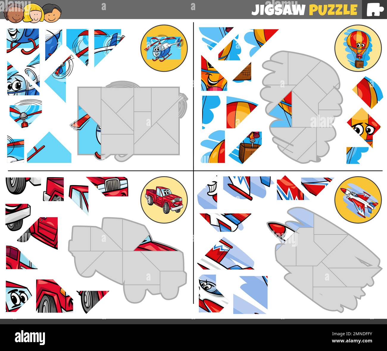 Cartoon illustration of educational jigsaw puzzle games set with ...