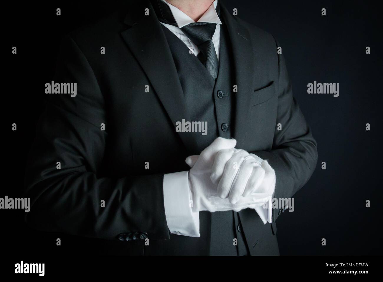 Portrait of Butler in Dark Suit and White Gloves Eager to be of Service ...