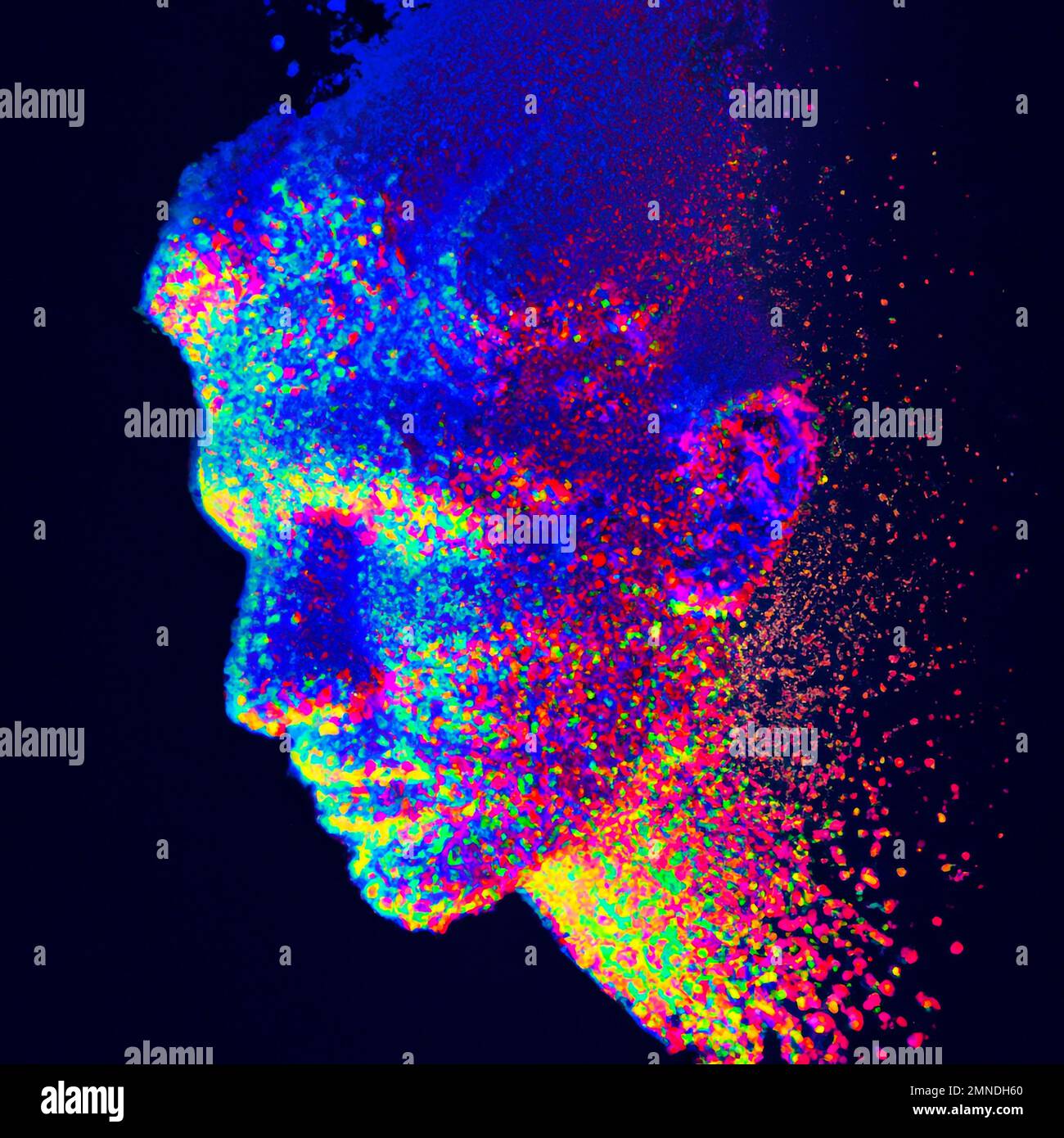 Human head made of pixels in neon holographic, virtual reality and ...