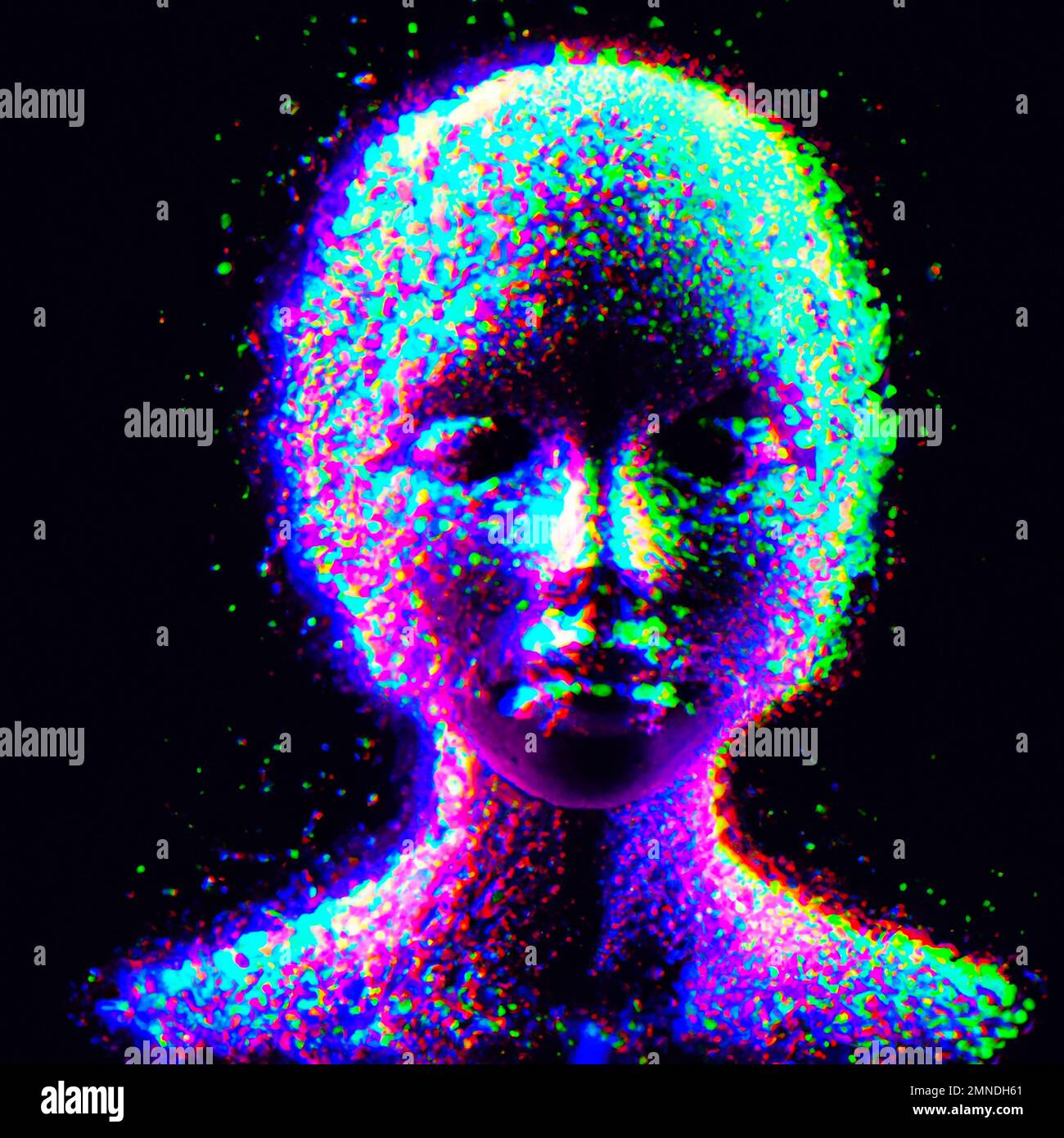 Human head made of pixels in neon holographic, virtual reality and ...