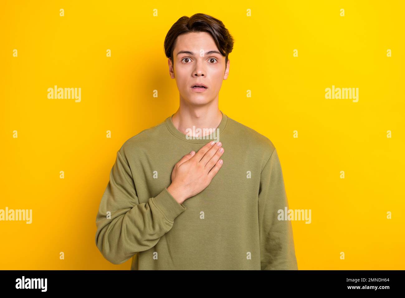 Portrait of shocked young person hand touch chest open mouth cant ...